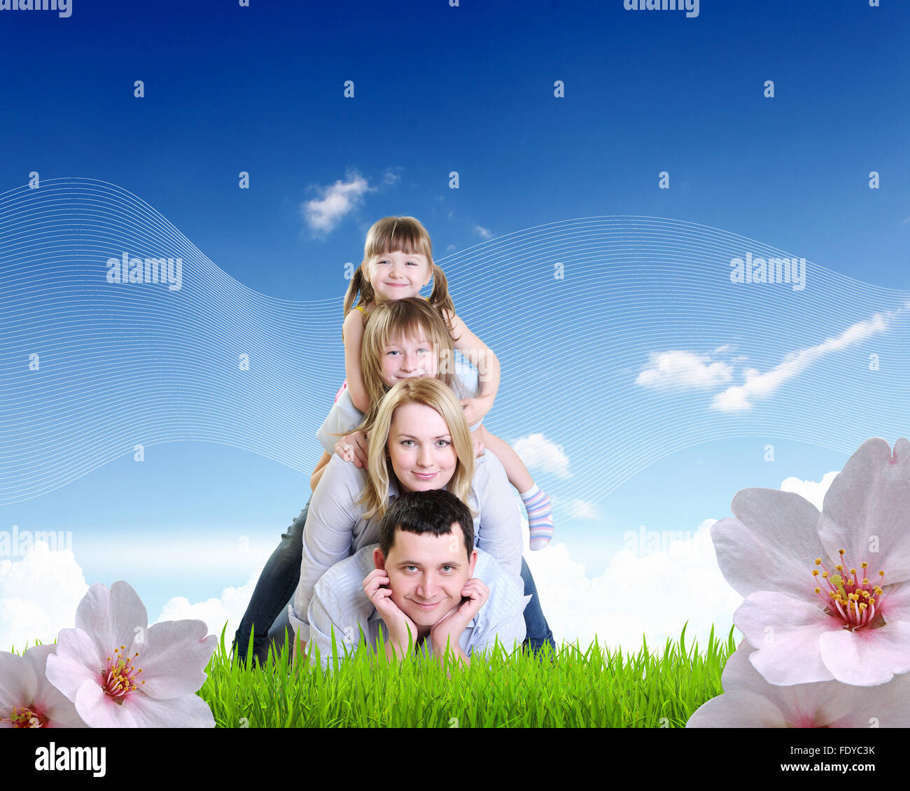 Collage with children and parents on green grass and under blue sky ...
