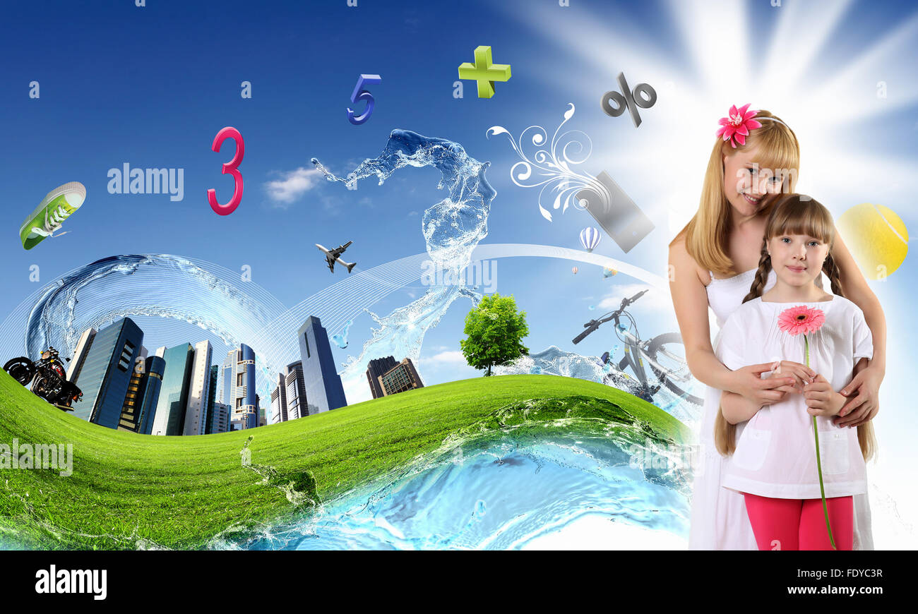 Collage with children and parents on green grass and under blue sky ...