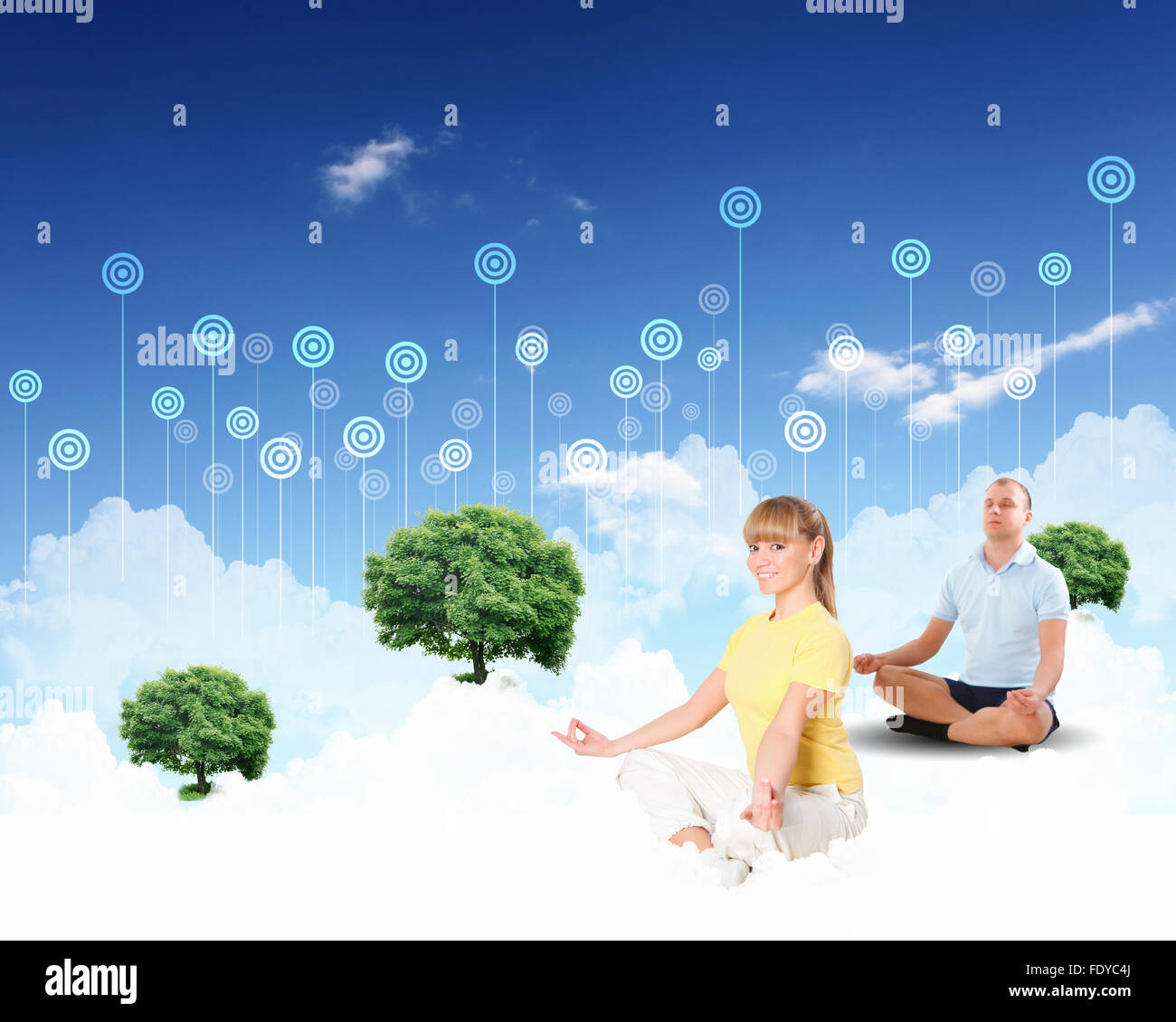 Collage with children and parents on green grass and under blue sky ...