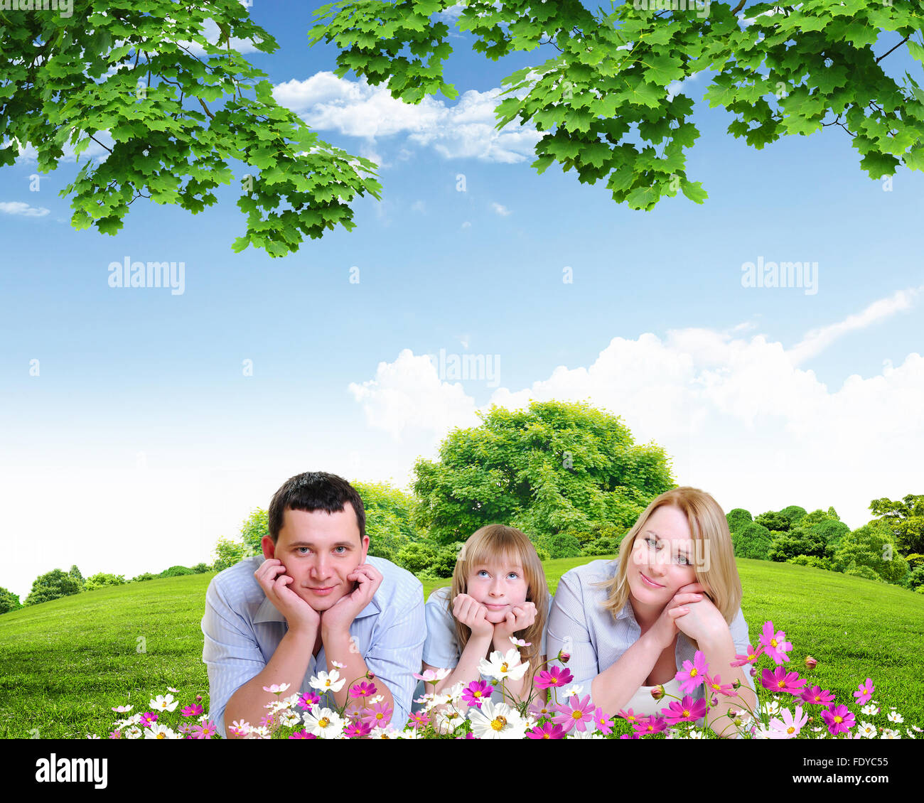 Collage with children and parents on green grass and under blue sky ...