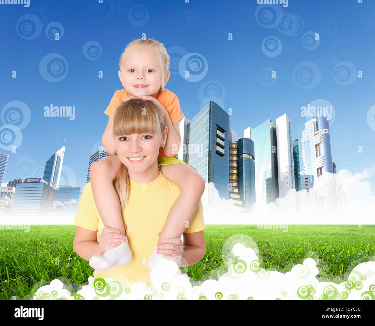 Collage with children and parents on green grass and under blue sky ...
