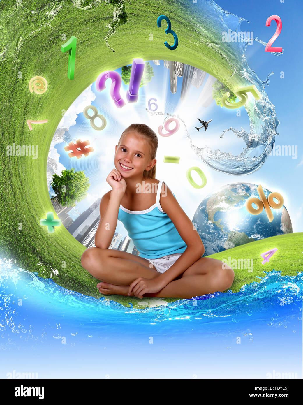 Collage with little smiling girl on green grass Stock Photo - Alamy
