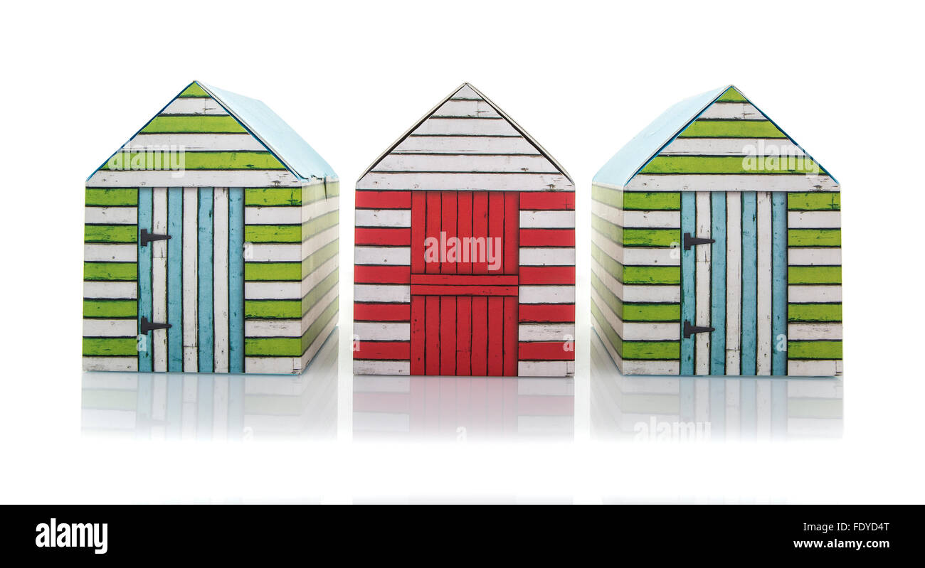 Three Colourful Retro Beach Huts on a White Background Stock Photo - Alamy