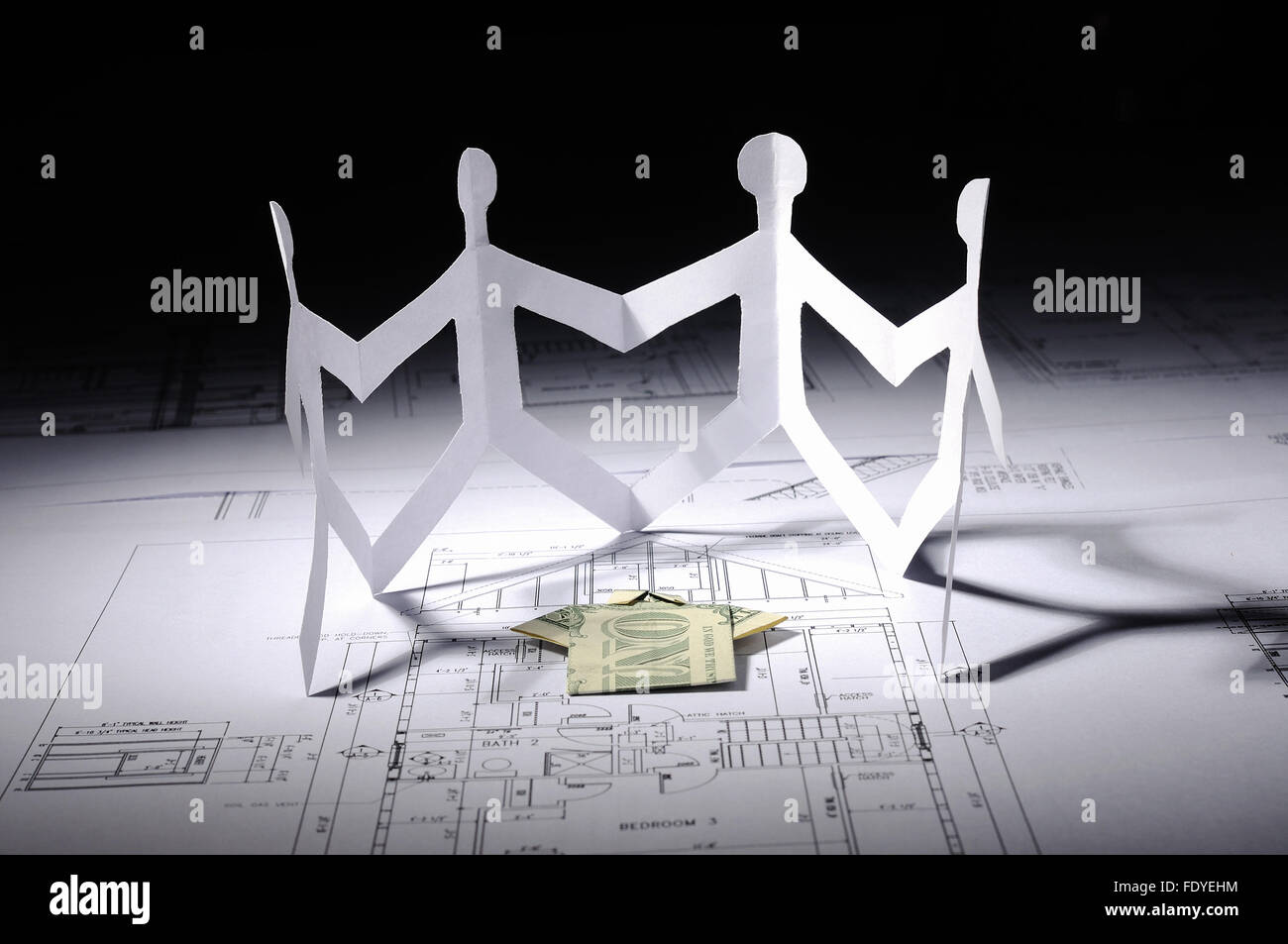 drawings of building and small paper manikins Stock Photo - Alamy