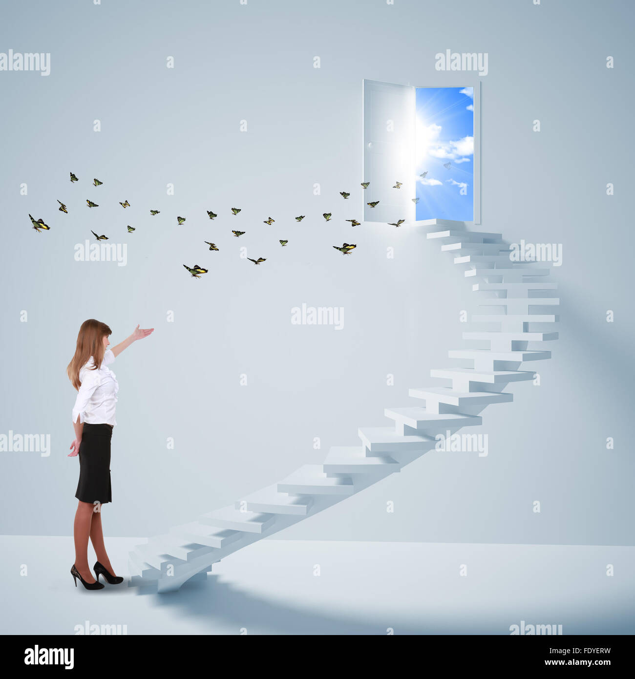 young girl climbs the ladder of success and a virtual career. Collage ...