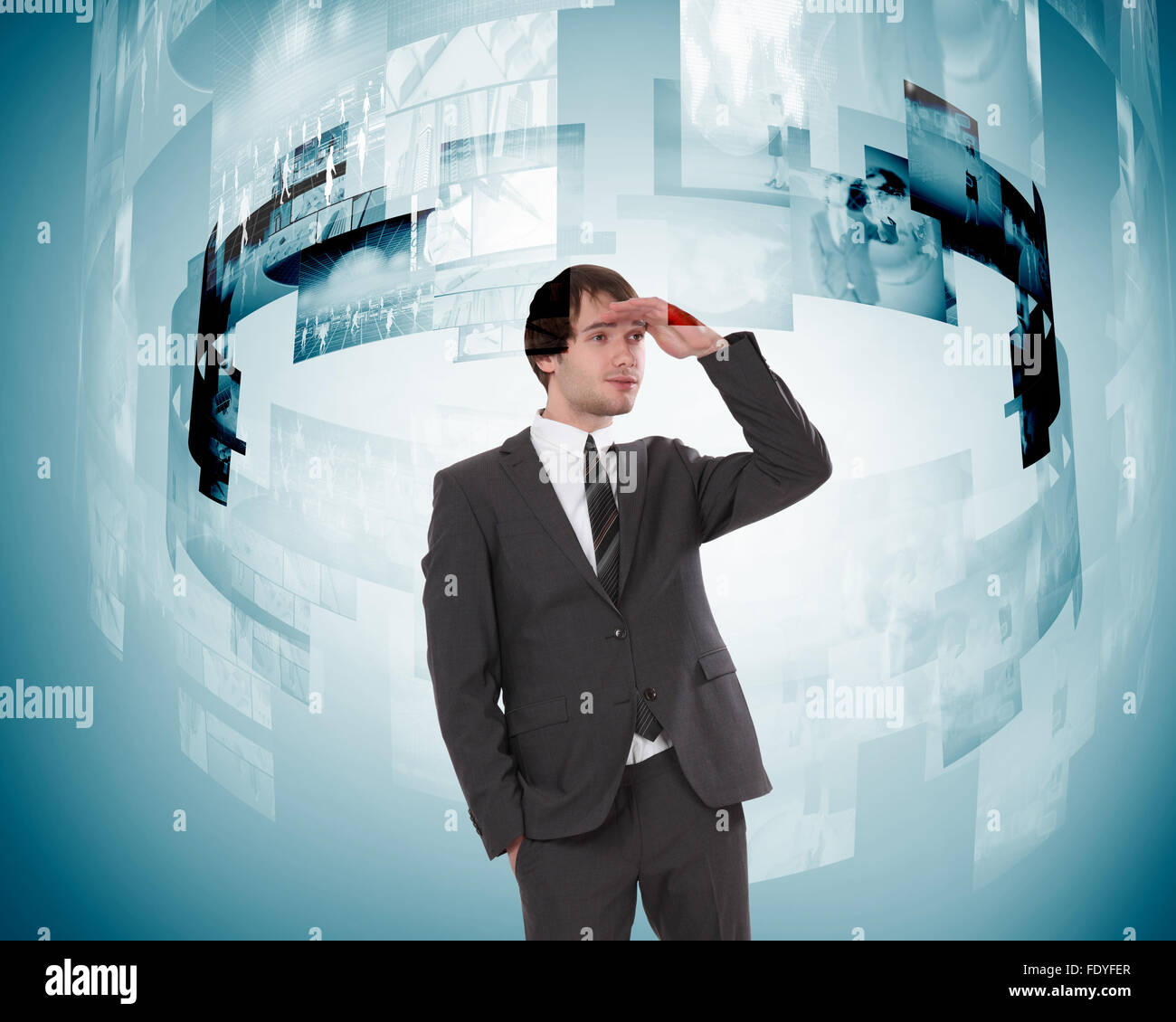 business person with virtual digital screens all around Stock Photo - Alamy