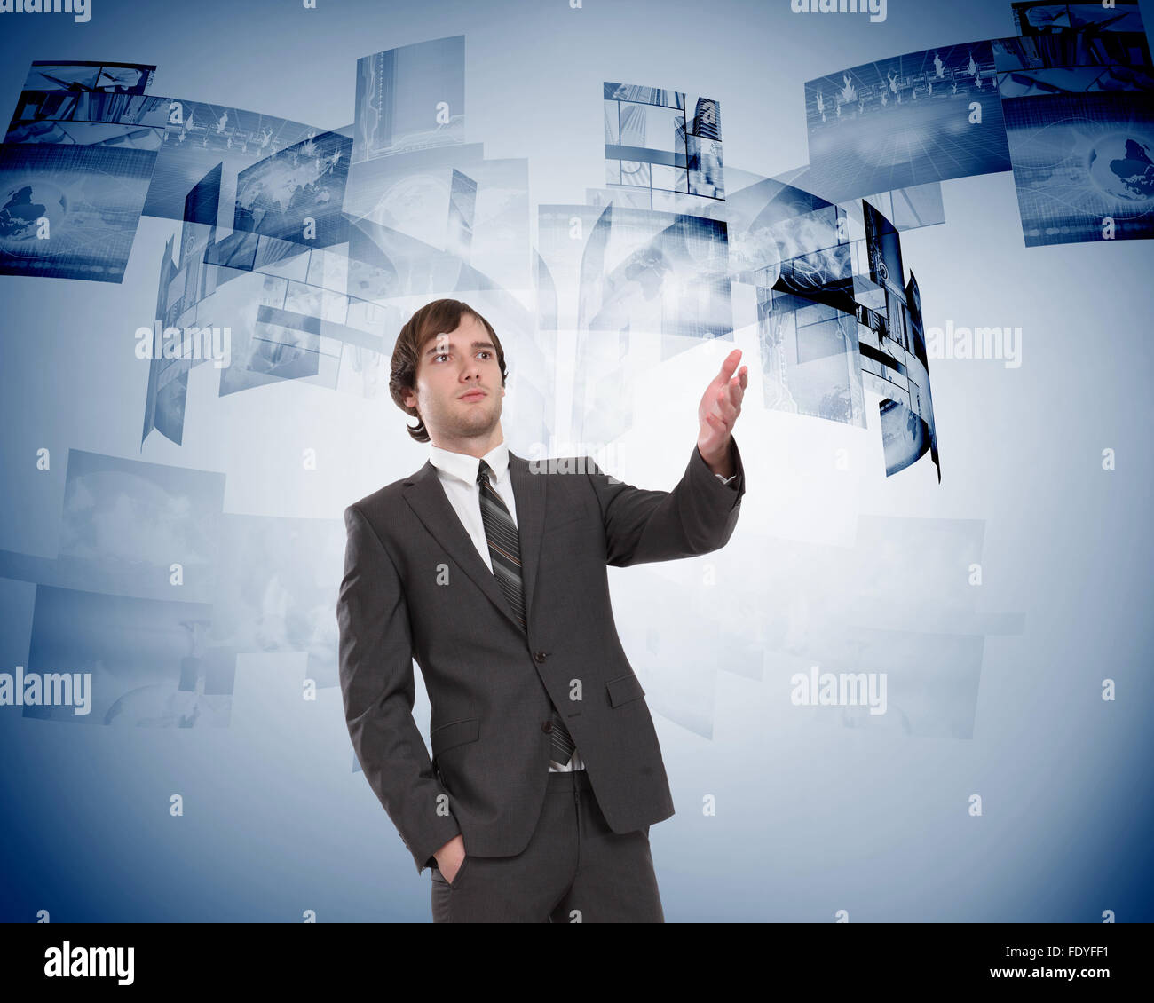 business person with virtual digital screens all around Stock Photo - Alamy