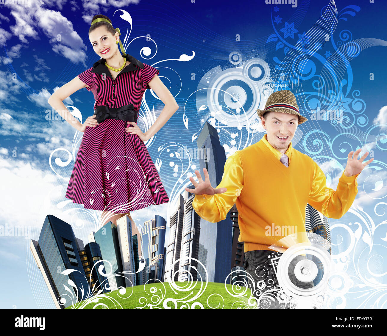 Collage people dancing on the background of skyscrapers Stock Photo - Alamy