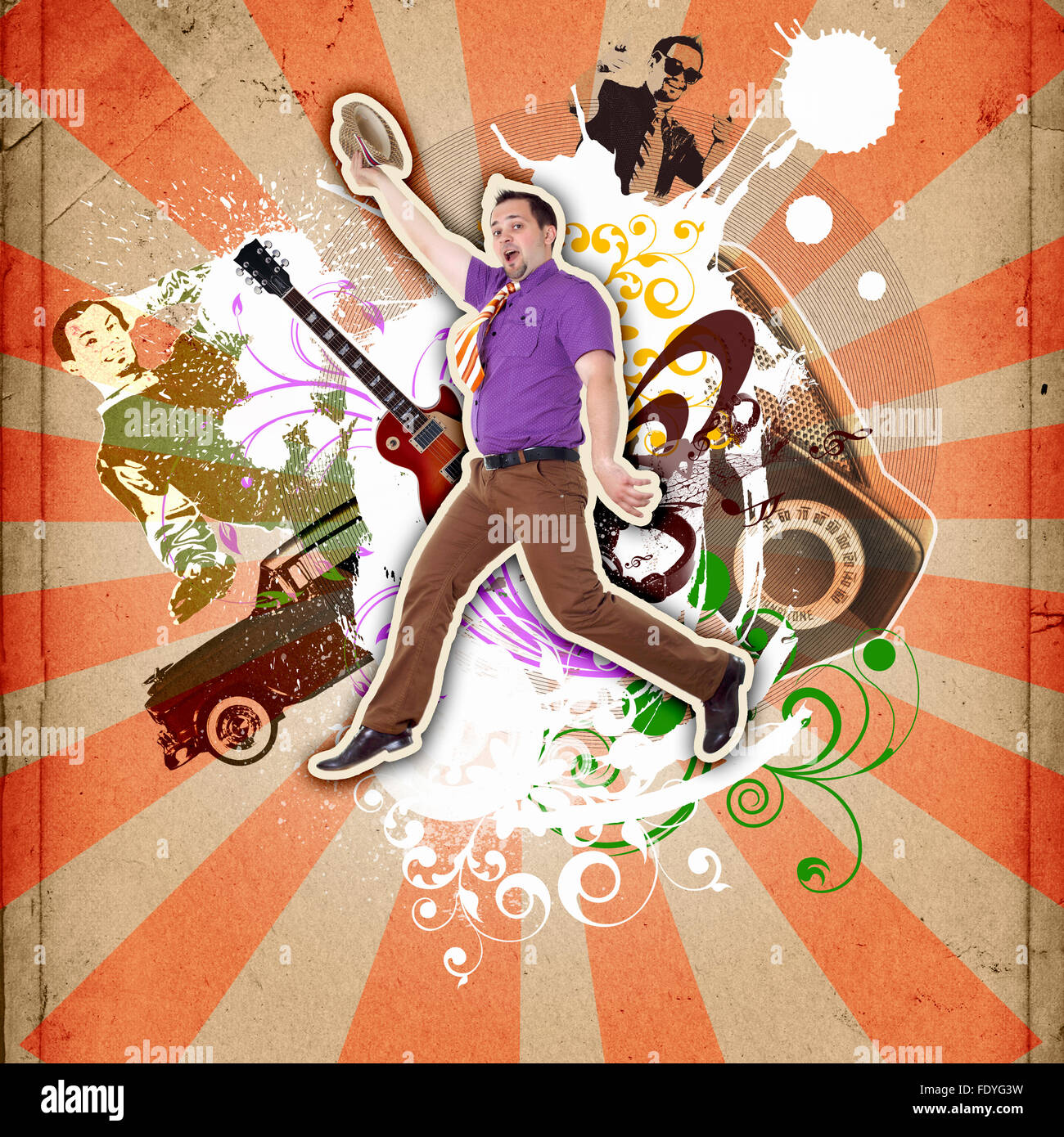 Collage of people dancing in the retro style, 50s on a bright color ...