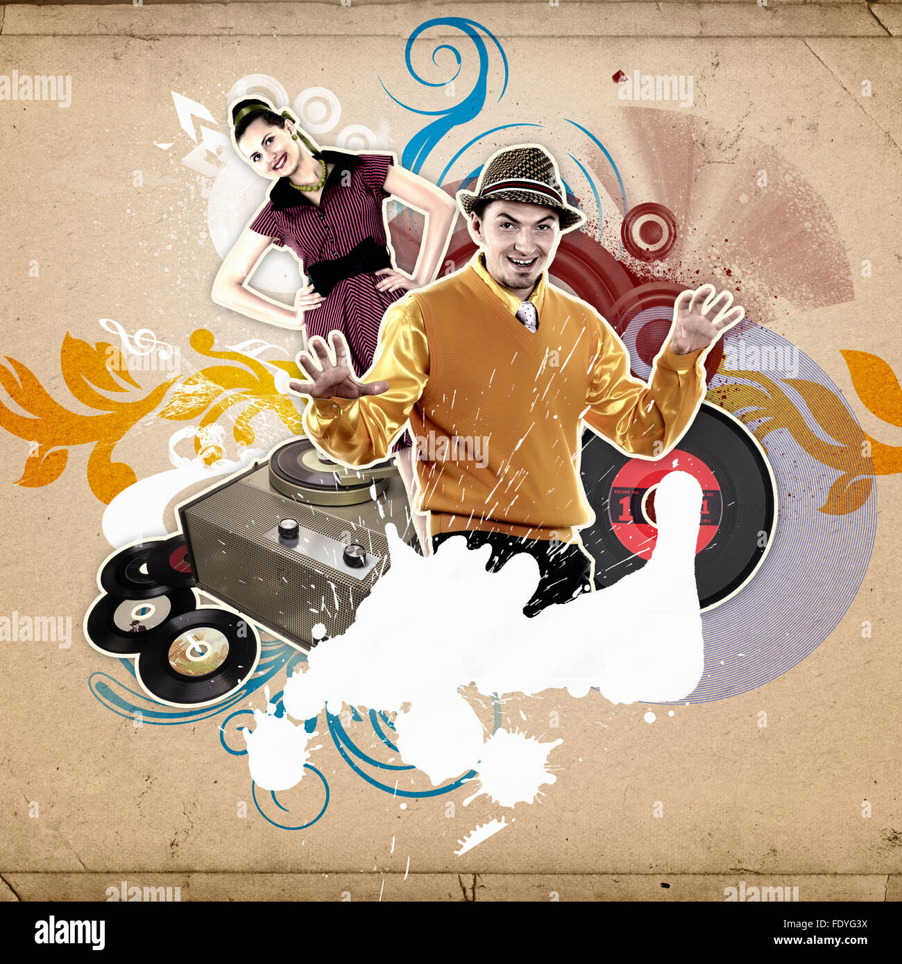 Collage of people dancing in the retro style, 50s on a bright color ...