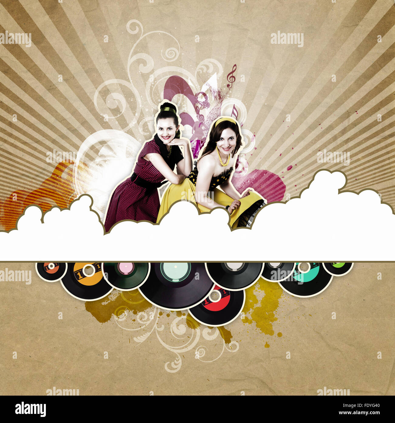 Collage of people dancing in the retro style, 50s on a bright color ...