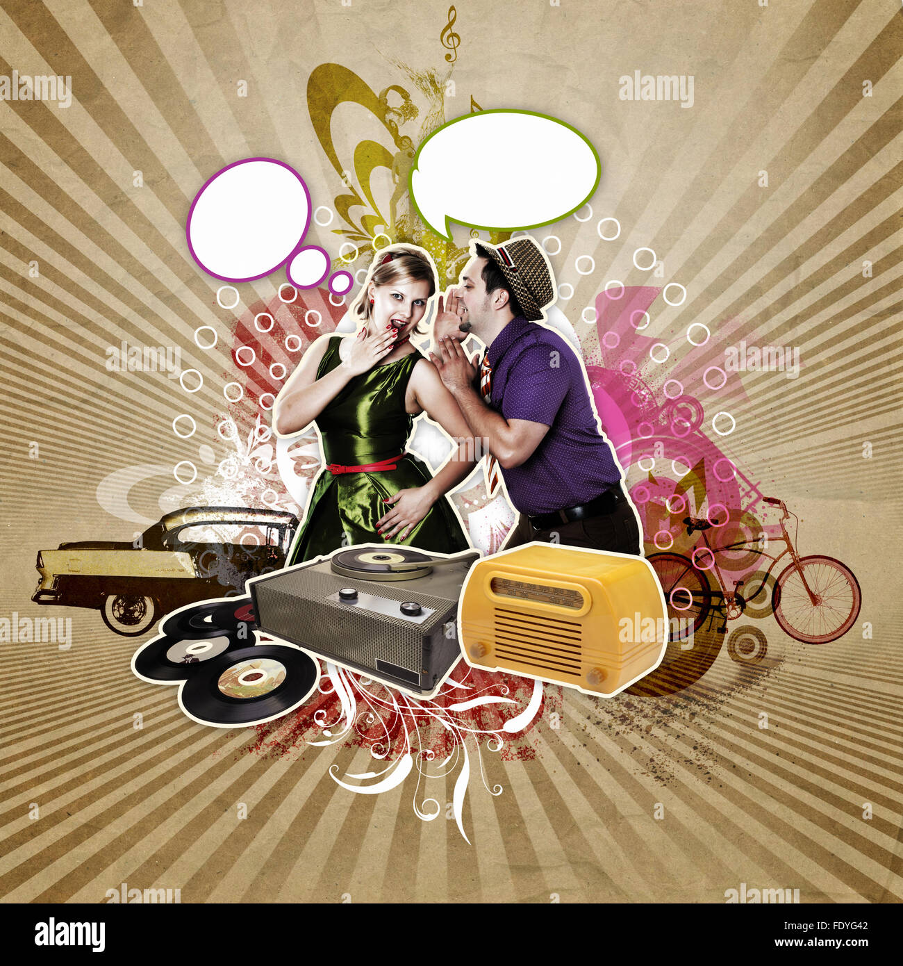 Collage of people dancing in the retro style, 50s on a bright color ...