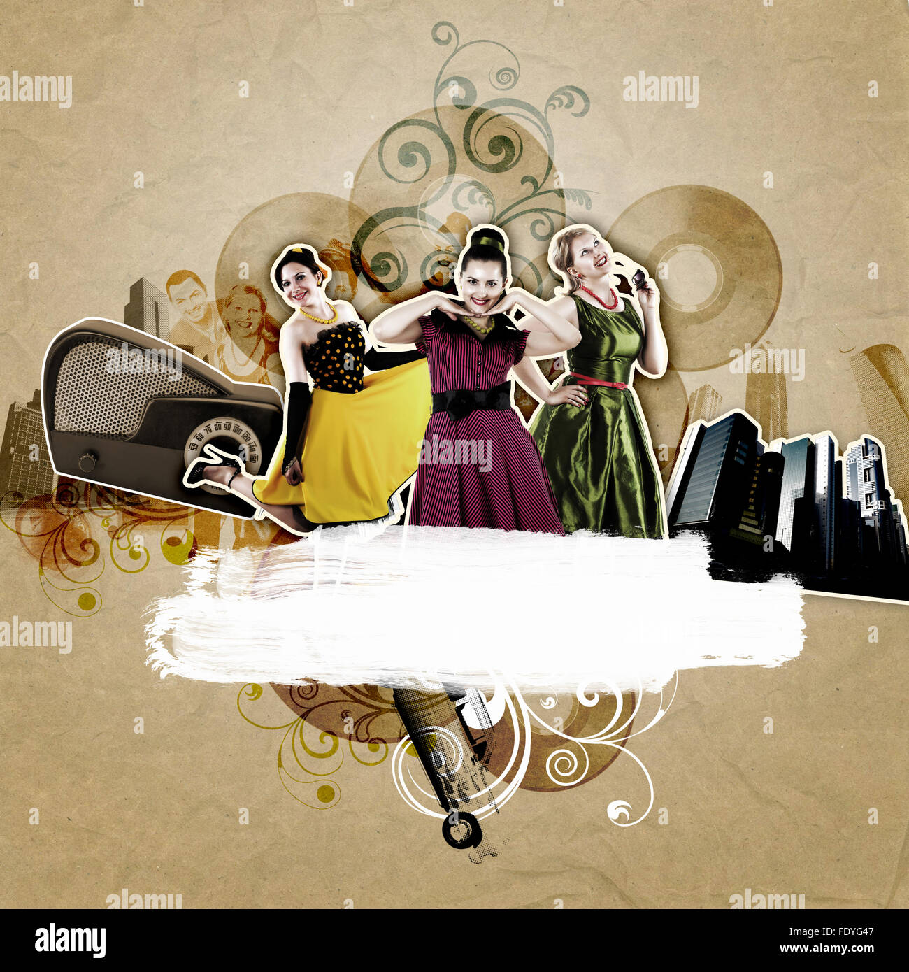 Collage of people dancing in the retro style, 50s on a bright color ...