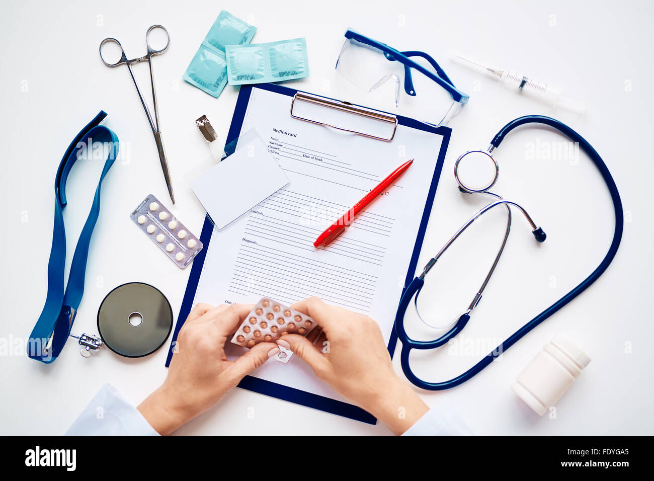 Doctor hands and various healthcare objects and equipment near by Stock ...