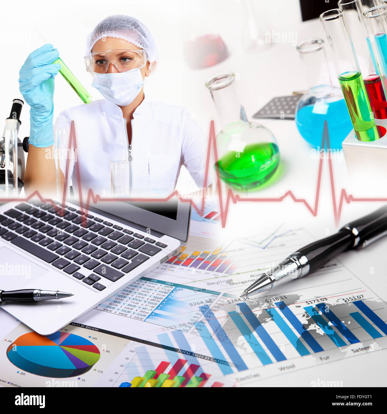 Collage on science with young woman and laborotary equipment Stock ...