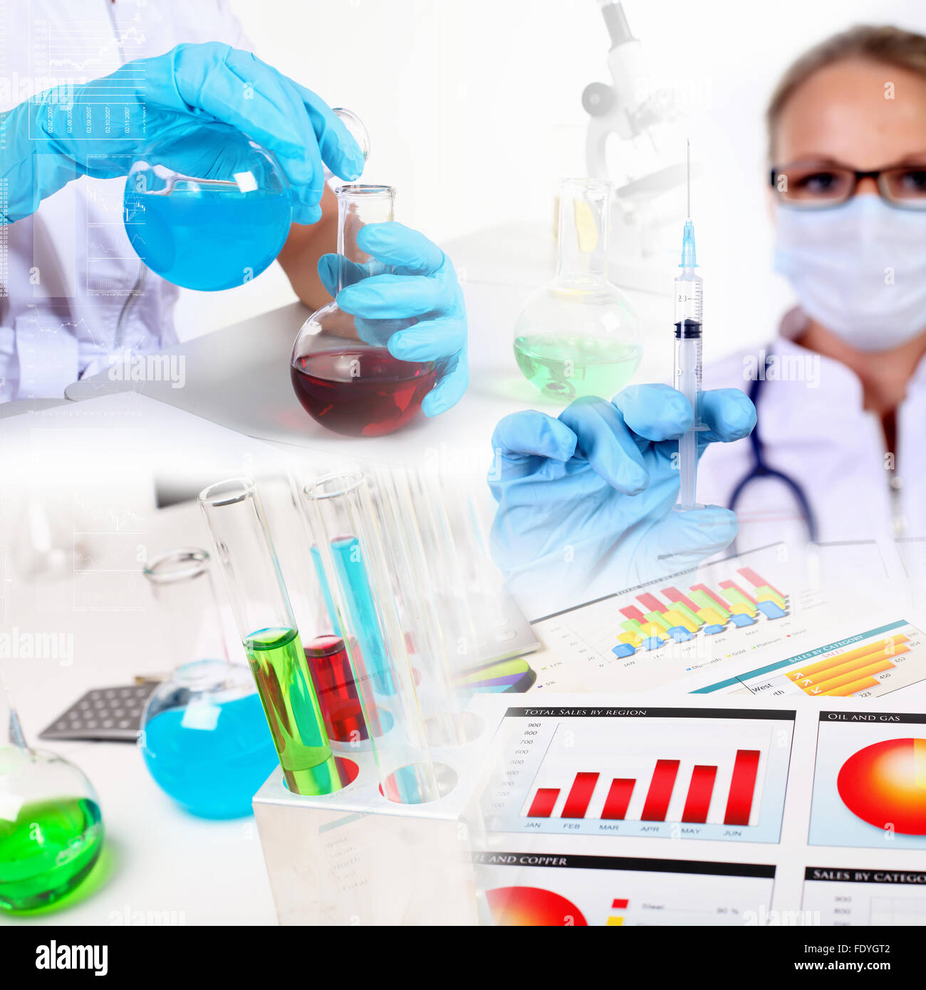 Collage on science with young woman and laborotary equipment Stock ...