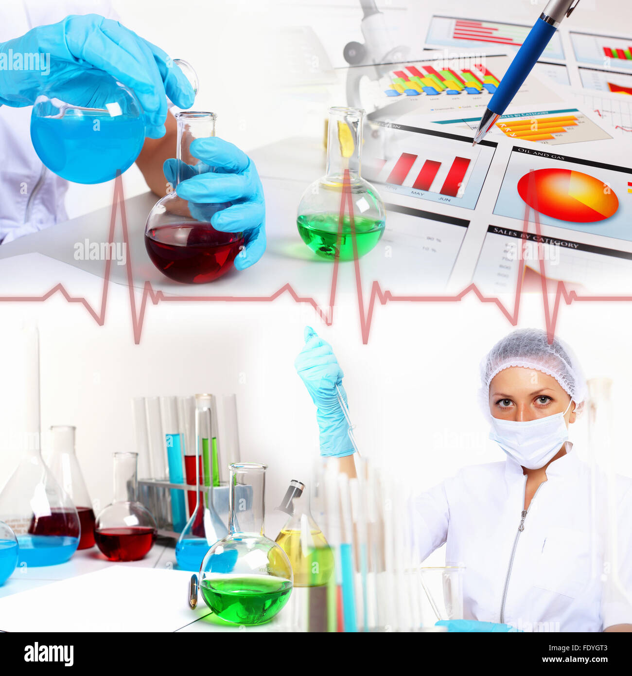 Collage on science with young woman and laborotary equipment Stock ...