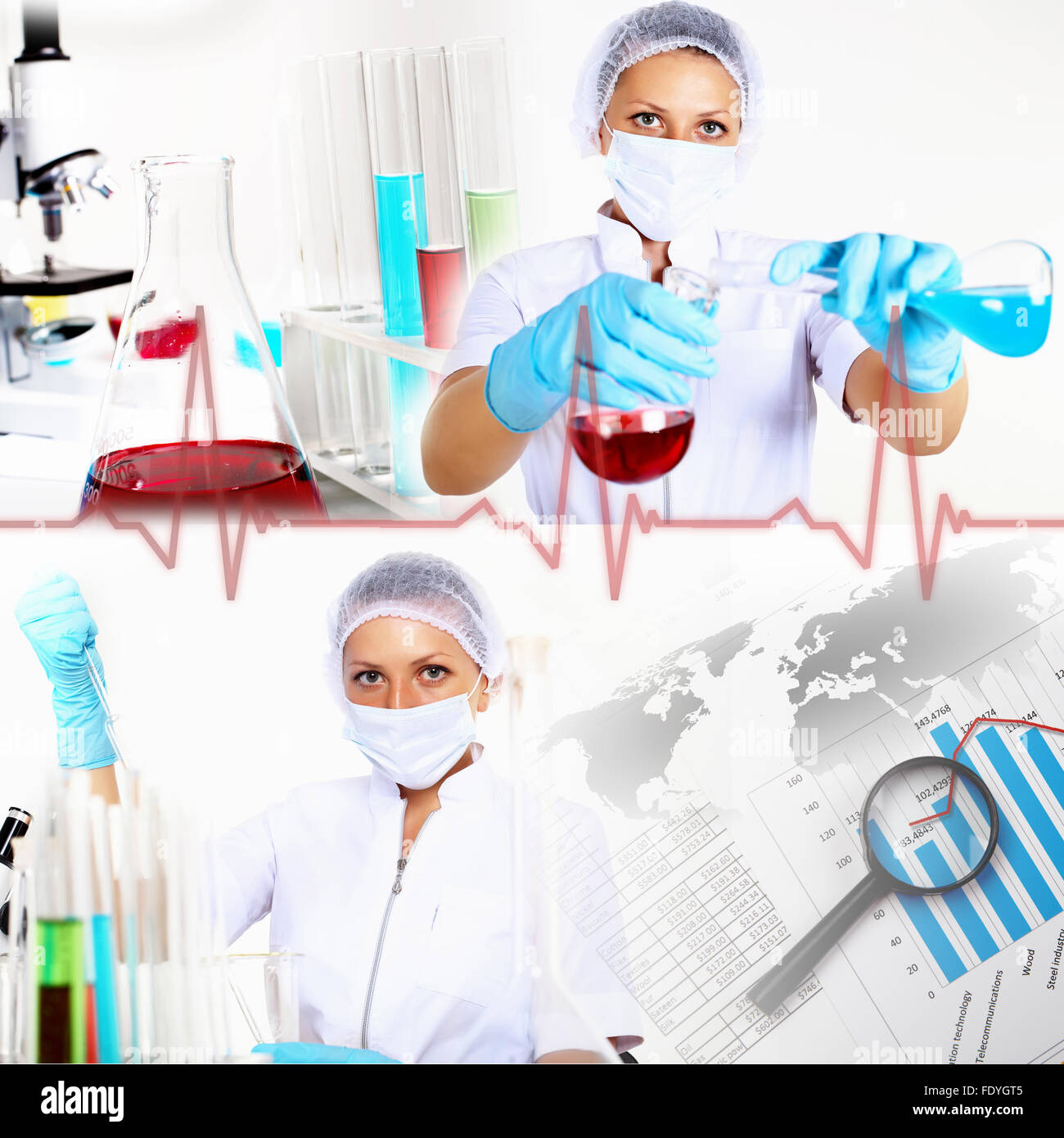 Collage on science with young woman and laborotary equipment Stock ...