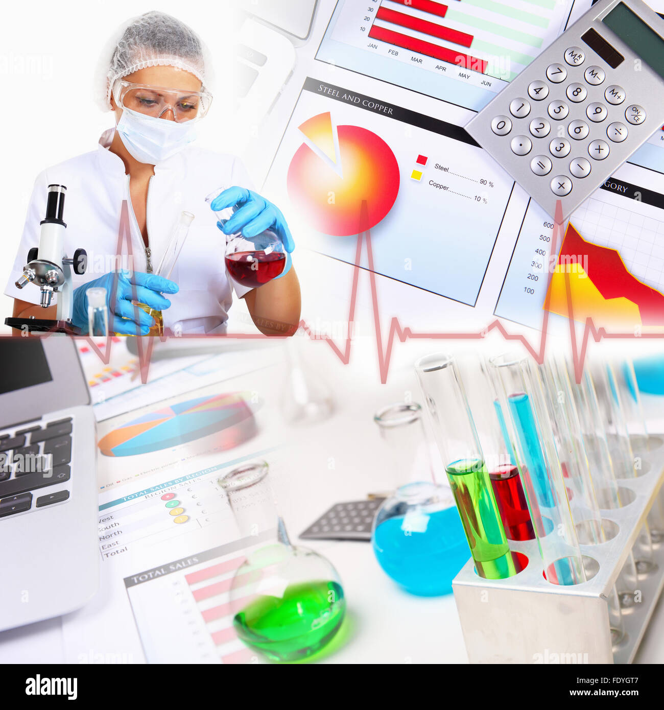 Collage on science with young woman and laborotary equipment Stock ...