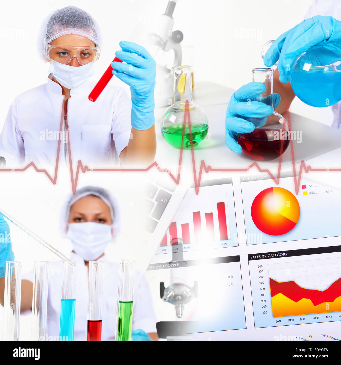 Collage on science with young woman and laborotary equipment Stock ...