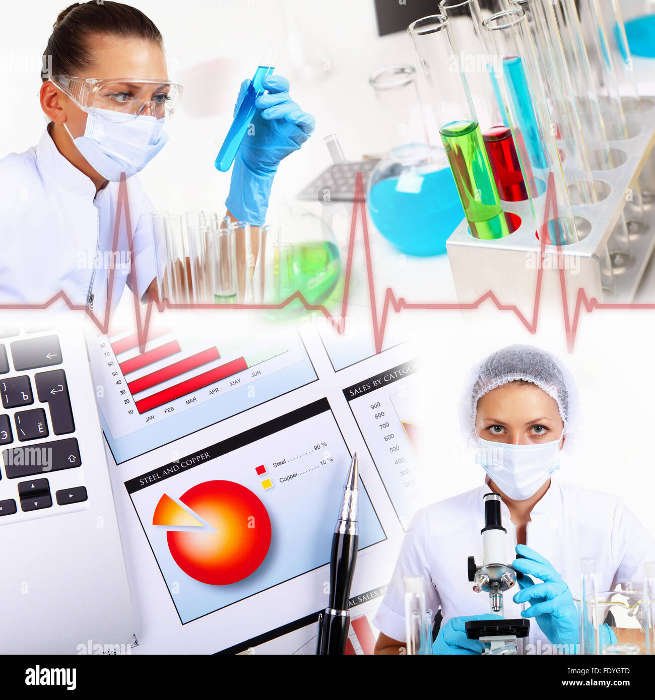 Collage on science with young woman and laborotary equipment Stock ...