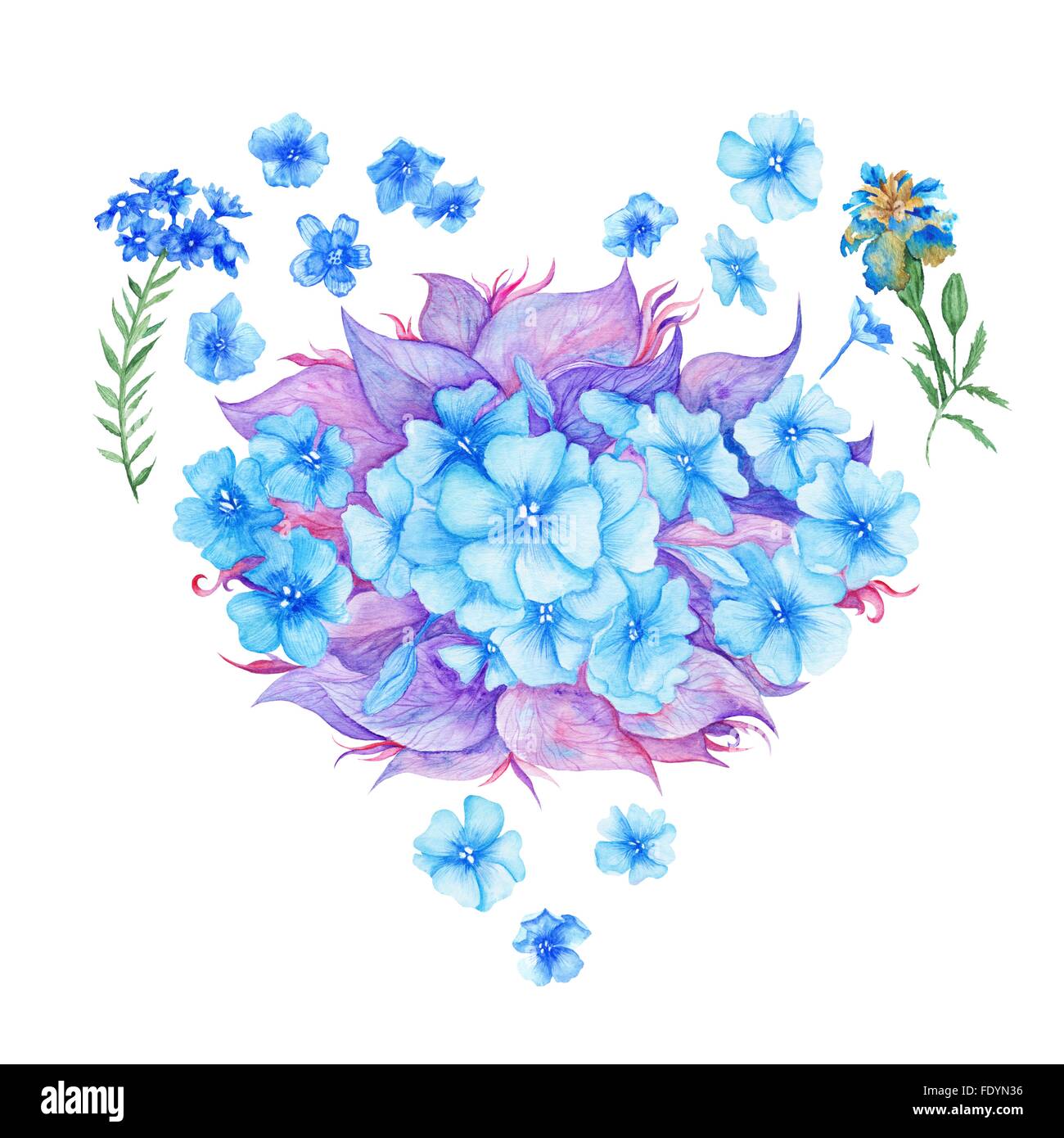 Valentine romantic illustration with heart shape made of hydrangea ...