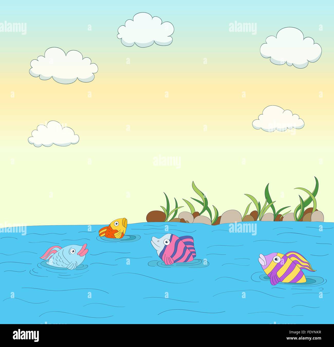 cute colorful fishes in a lake with stones, plants, sky, clouds ...