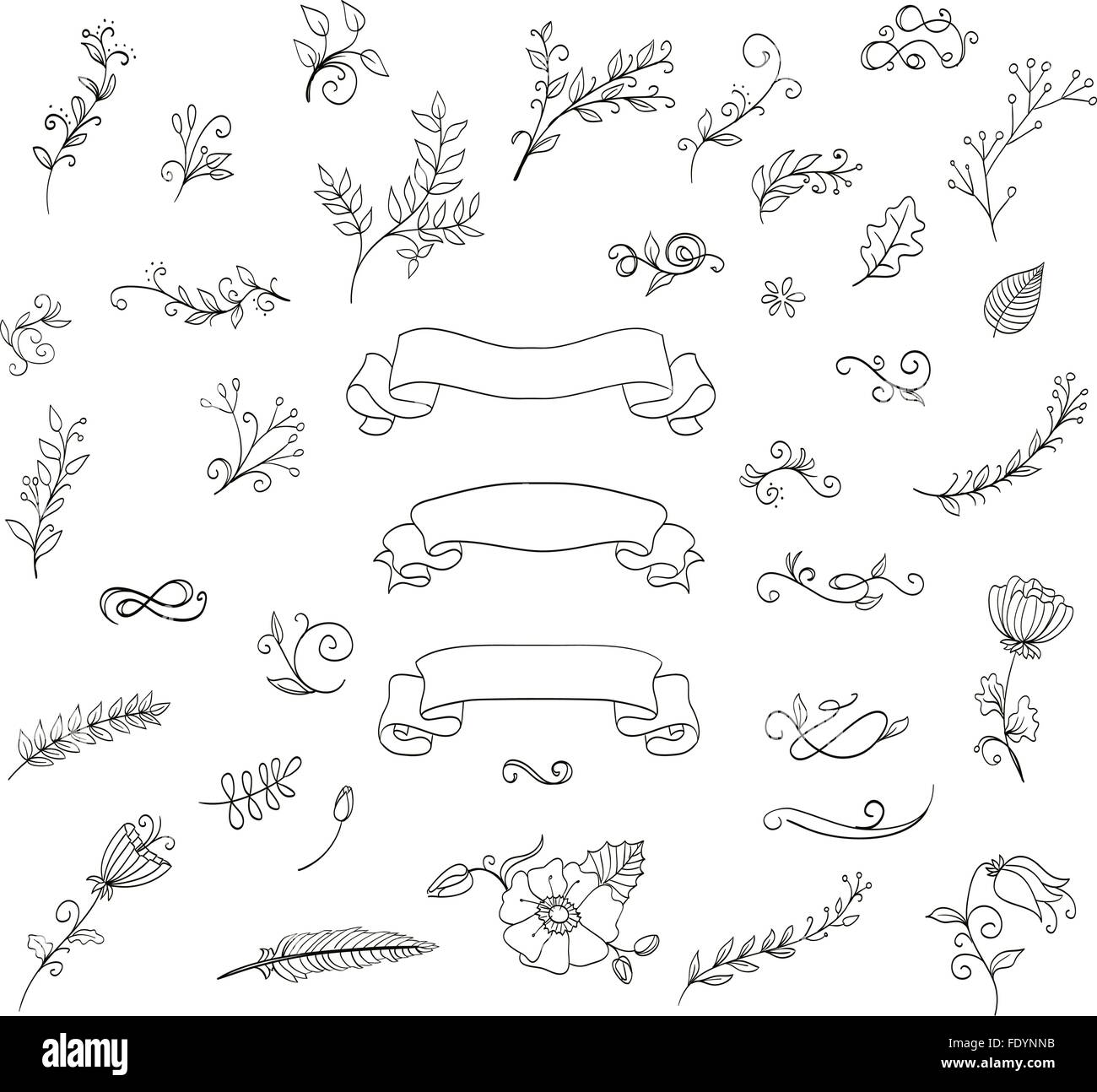 set of floral design elements. doodle wreaths, flowers, leaves, ribbons ...