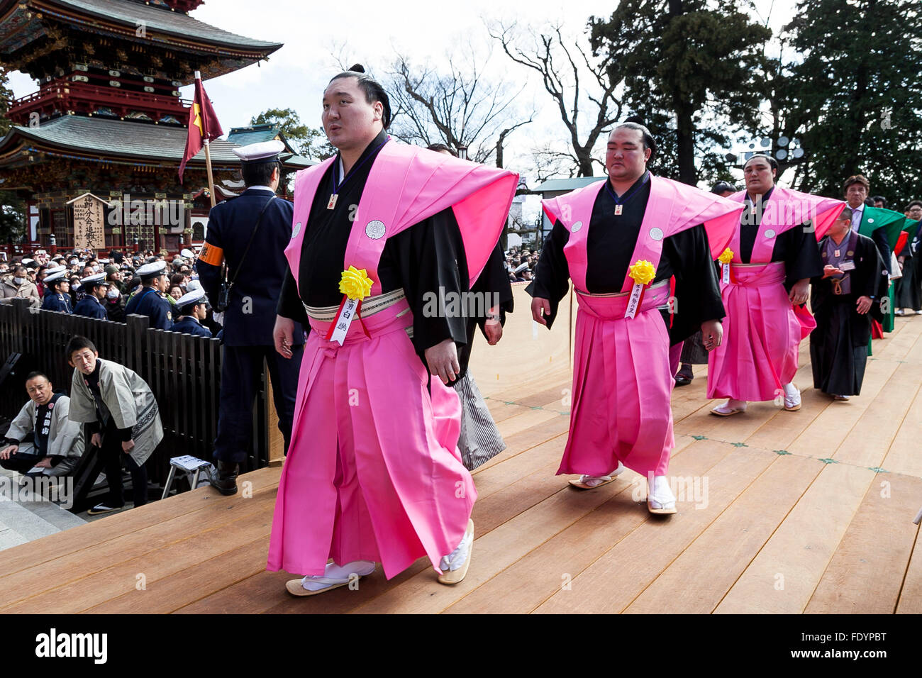 (L to R) Sumo wrestlers Yokozuna Hakuho Sho, Ozeki Kisenosato, Okinoumi ...
