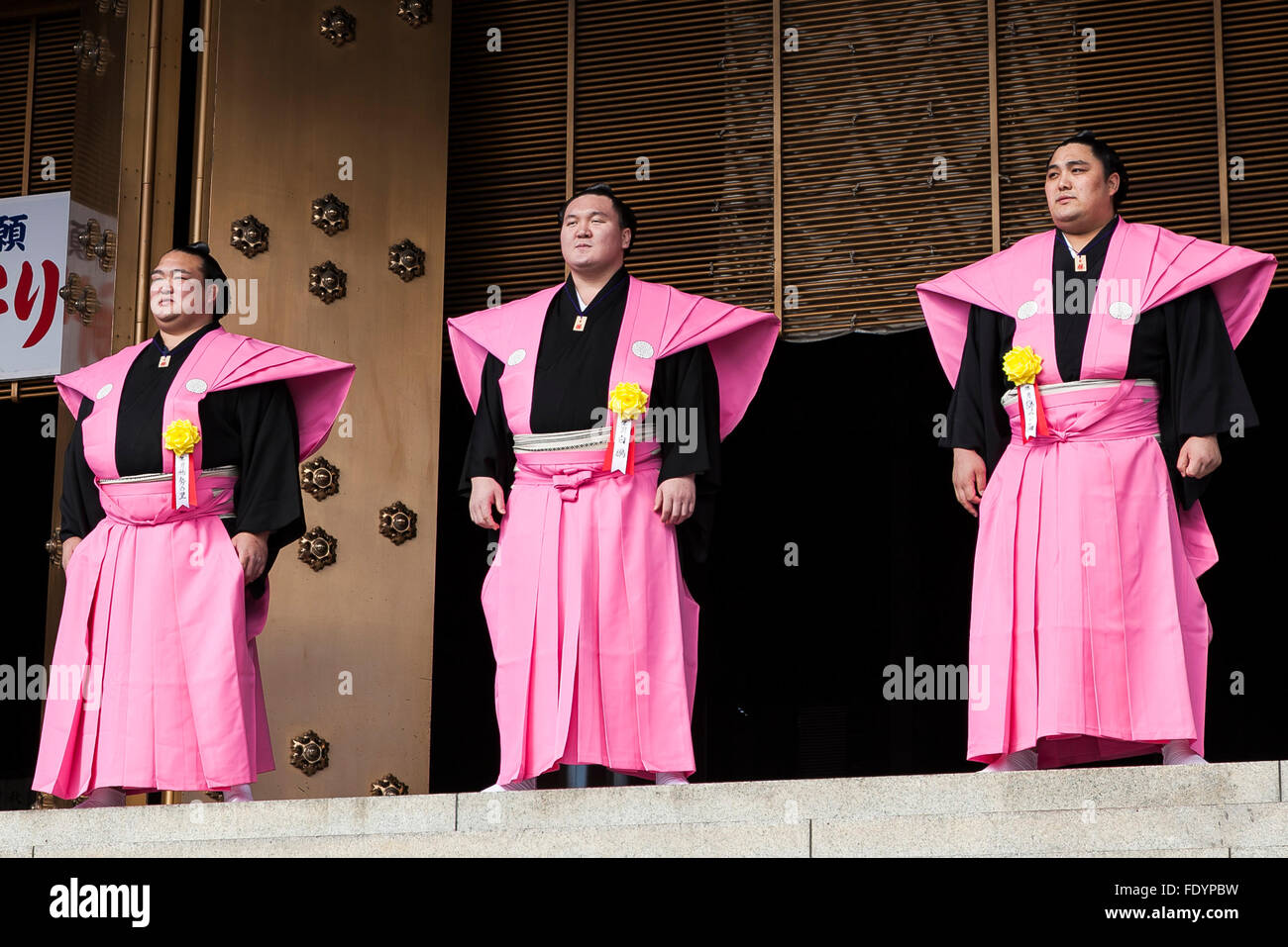 Sumo wrestlers Ozeki Kisenosato, Yokozuna Hakuho Sho and Okinoumi Ayumi ...
