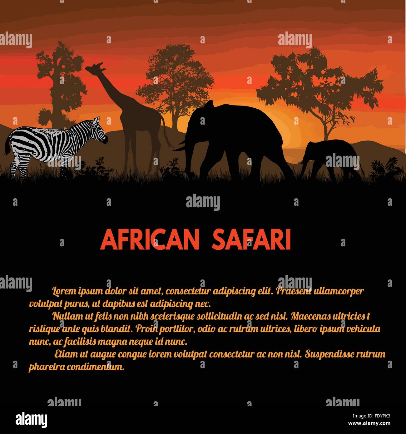 African Safari poster. Wild animals silhouettes on sunset with space ...