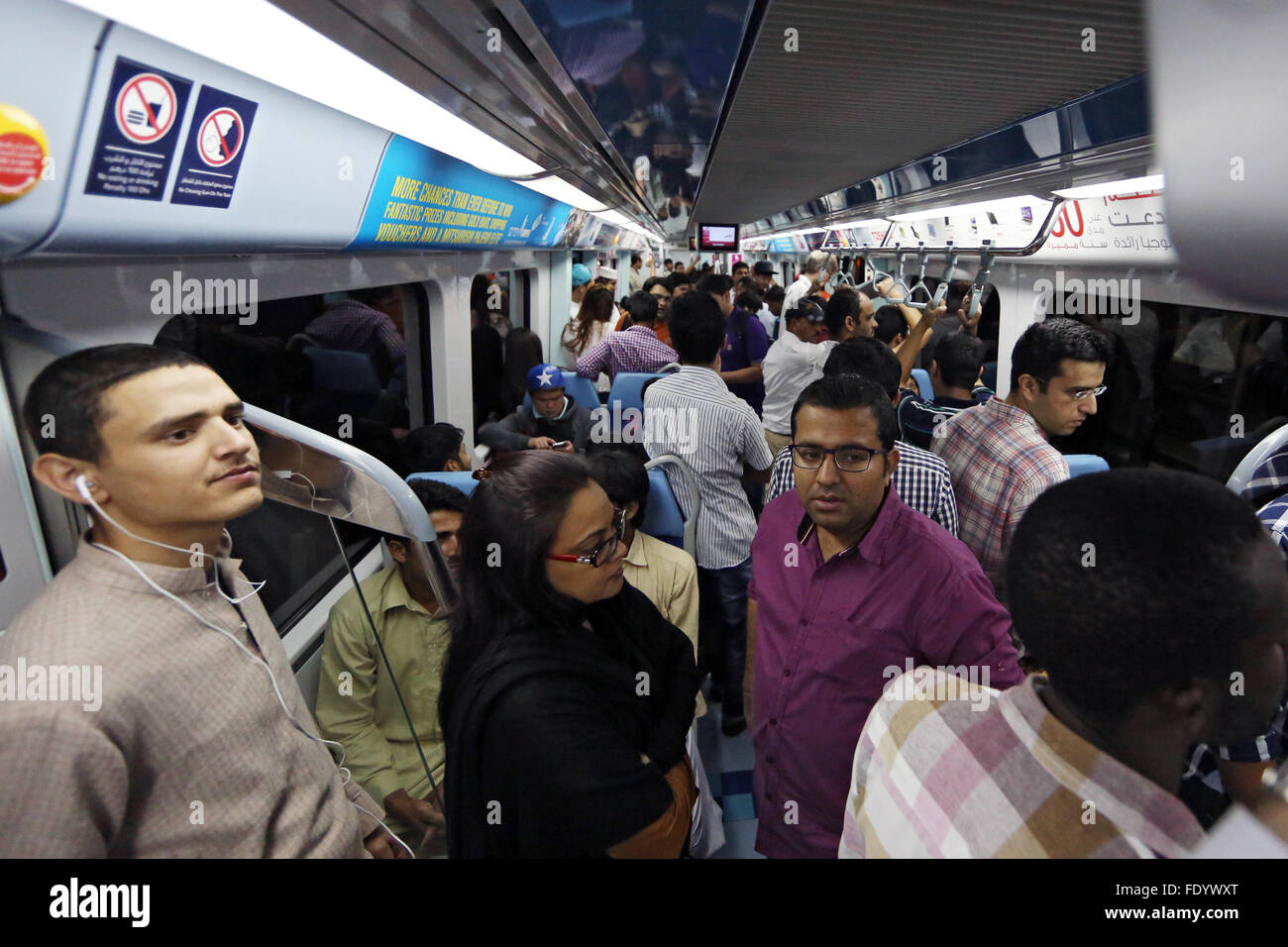 Dubai, United Arab Emirates, people in a compartment of the Dubai Metro ...