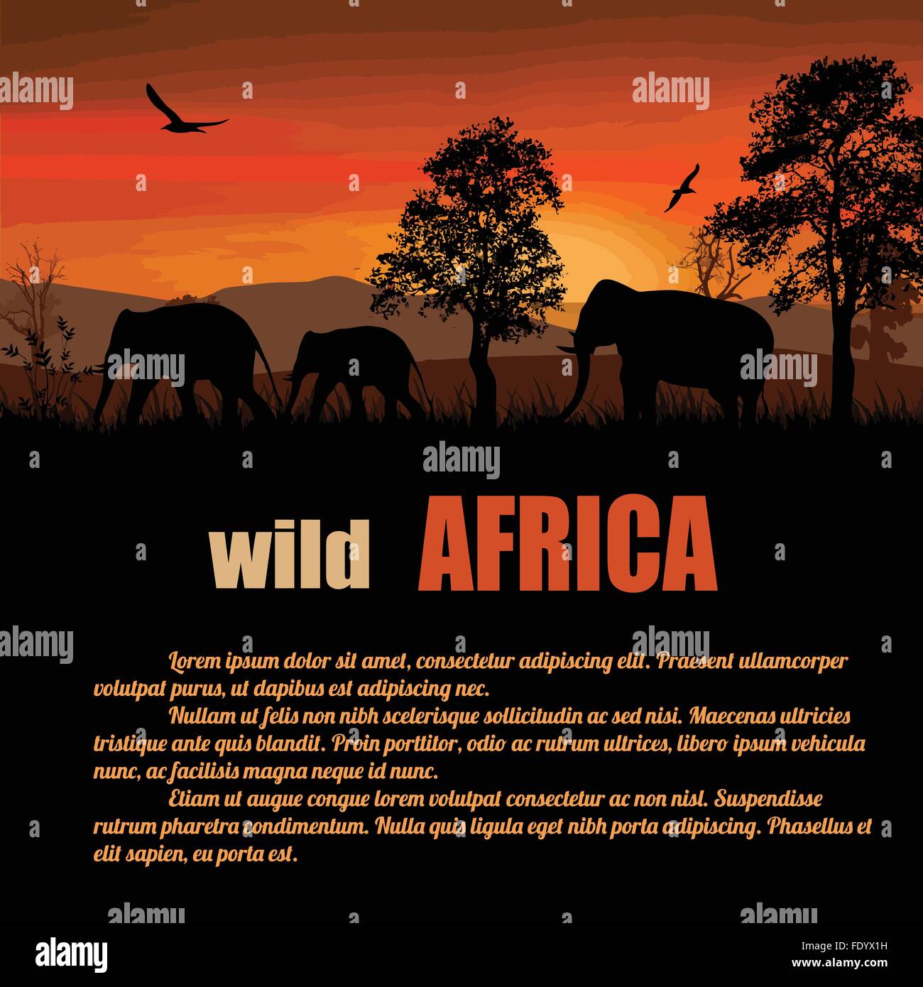African Safari poster. Wild animals silhouettes on sunset with space ...