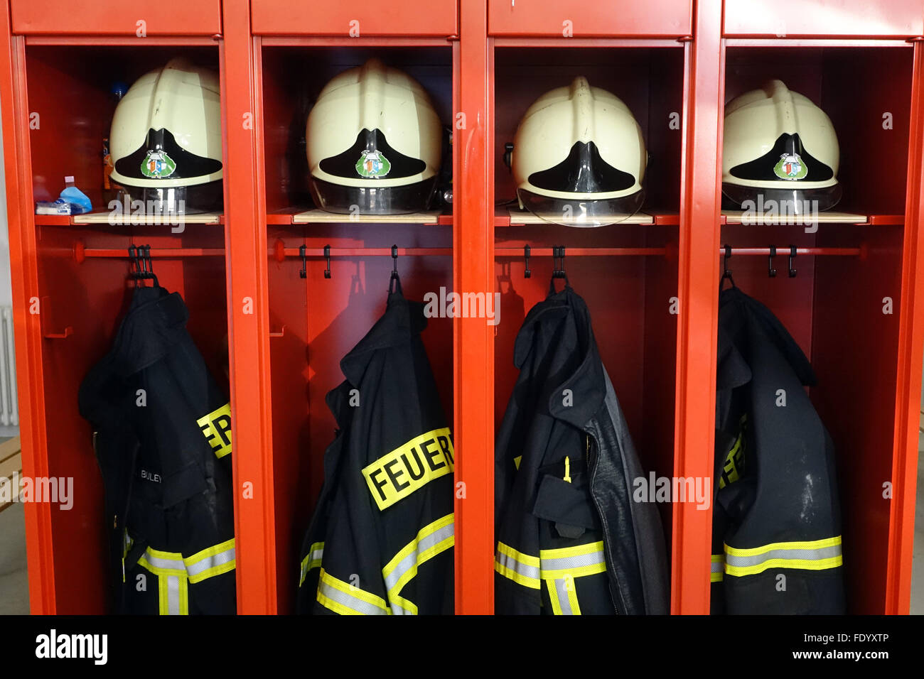 Berlin, Germany, lockers with helmets and jackets at the Fire ...