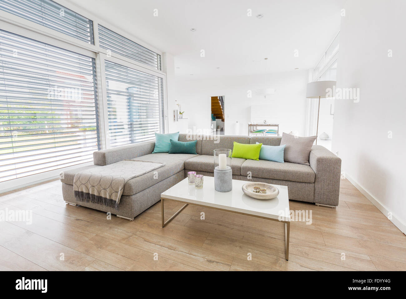 Interior of a modern open living-room with lounge Stock Photo - Alamy