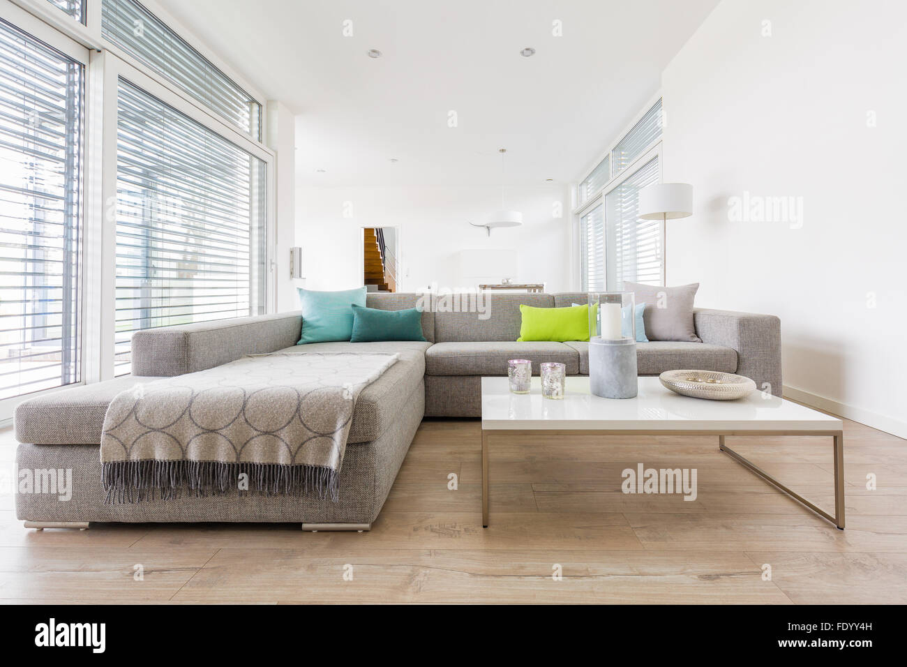 Interior of a modern open living-room with lounge Stock Photo - Alamy