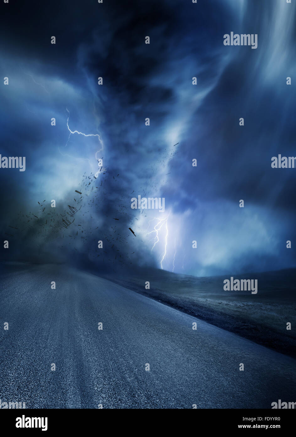 Powerful Tornado with debris on a road. Lightning illuminates the ... Powerful Tornado with debris on a road. Lightning illuminates the ...