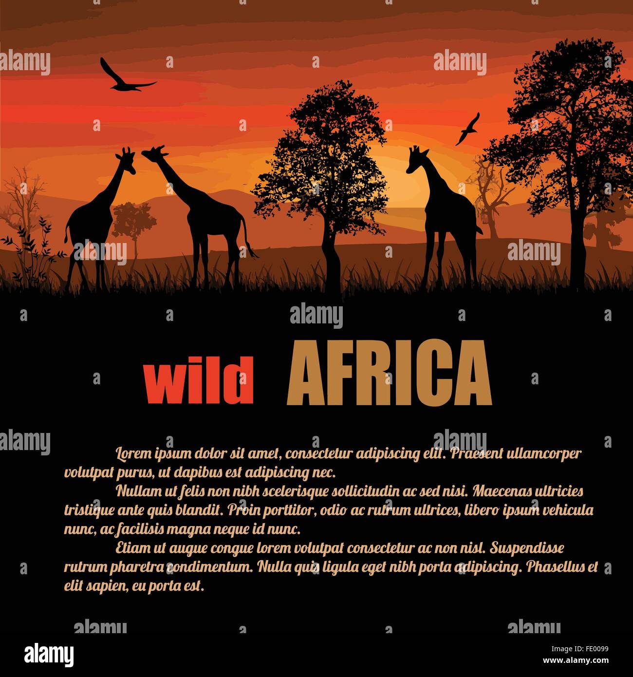 African Safari poster. Wild animals silhouettes on sunset with space ...