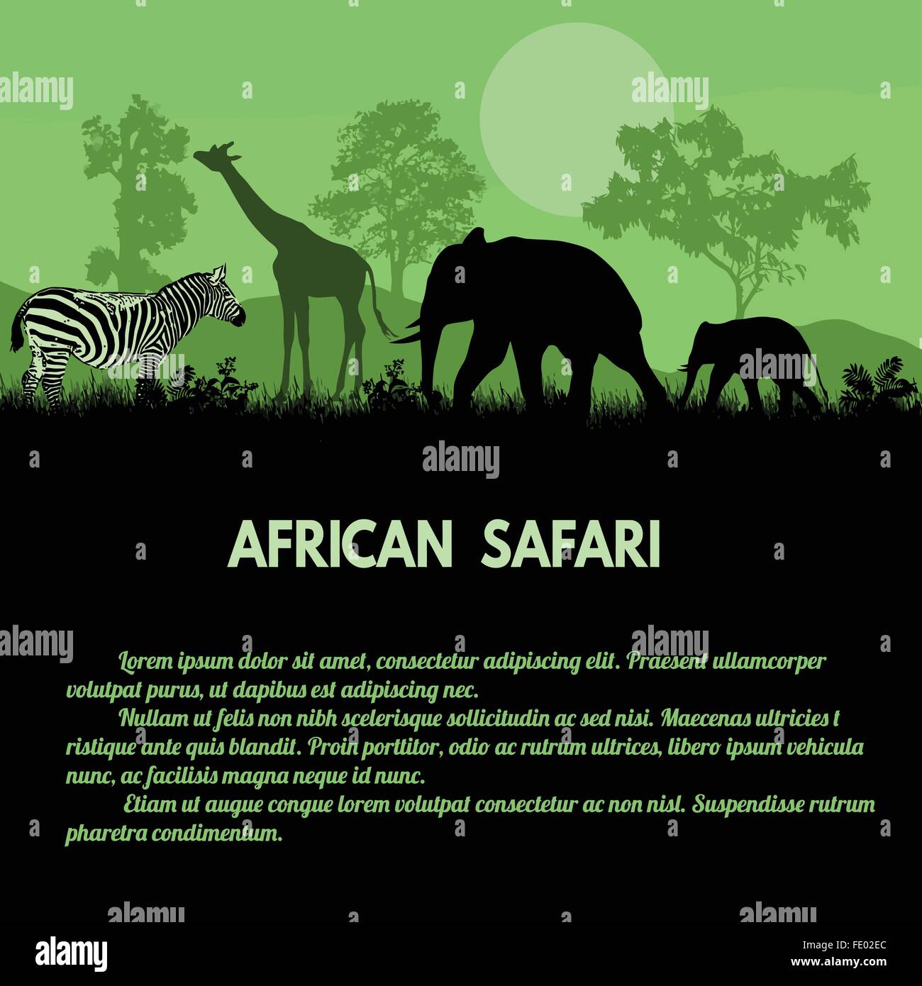 African Safari poster. Wild animals silhouettes on sunset with space ...