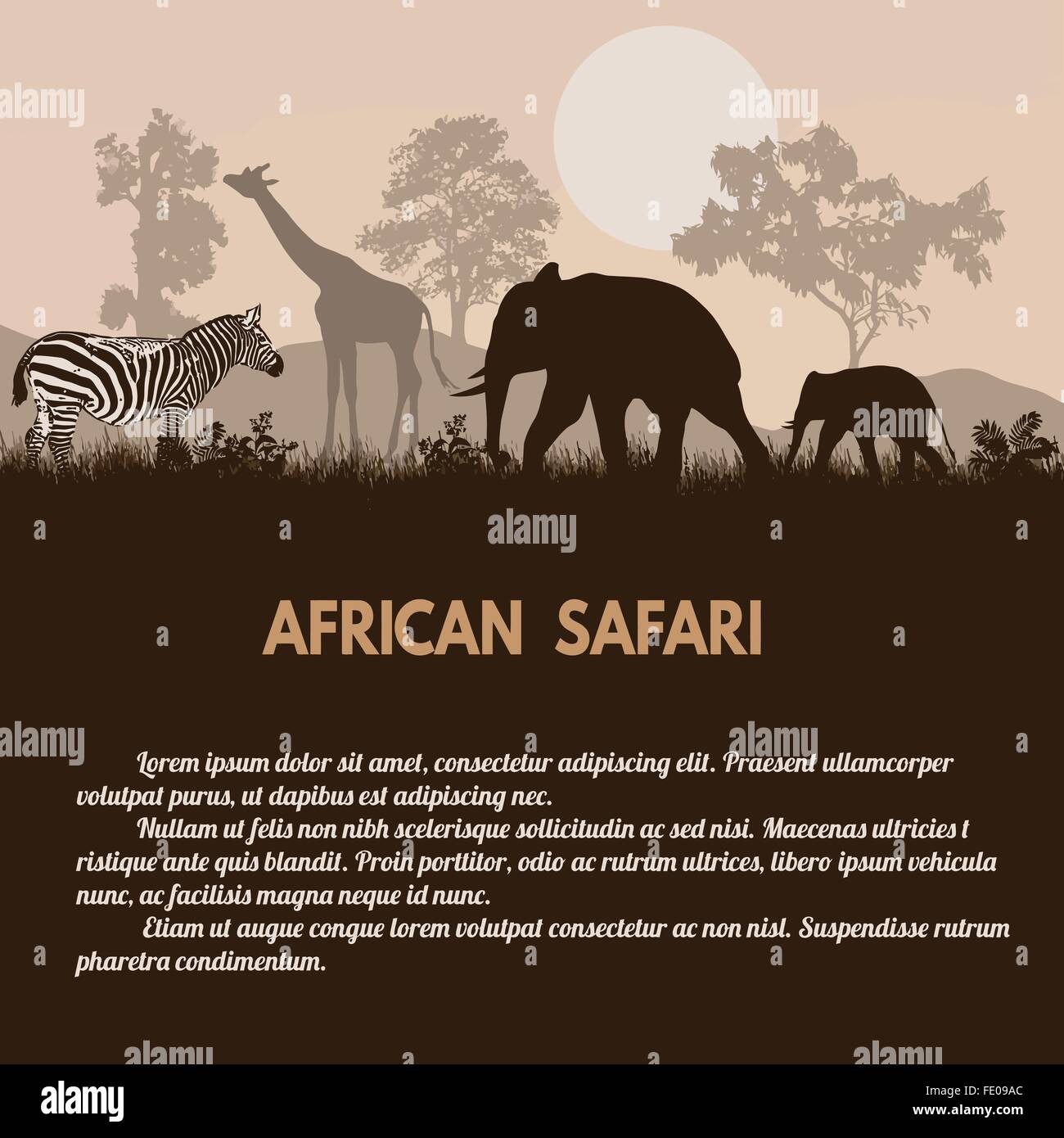 African Safari poster. Wild animals silhouettes on sunset with space ...