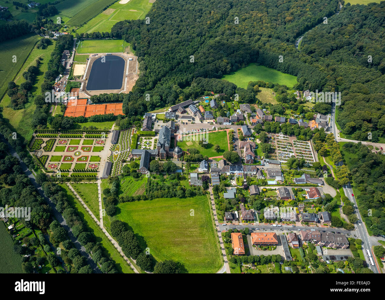 Aerial view, Kamp Monastery Kloster Kamp with terrace garden and ...