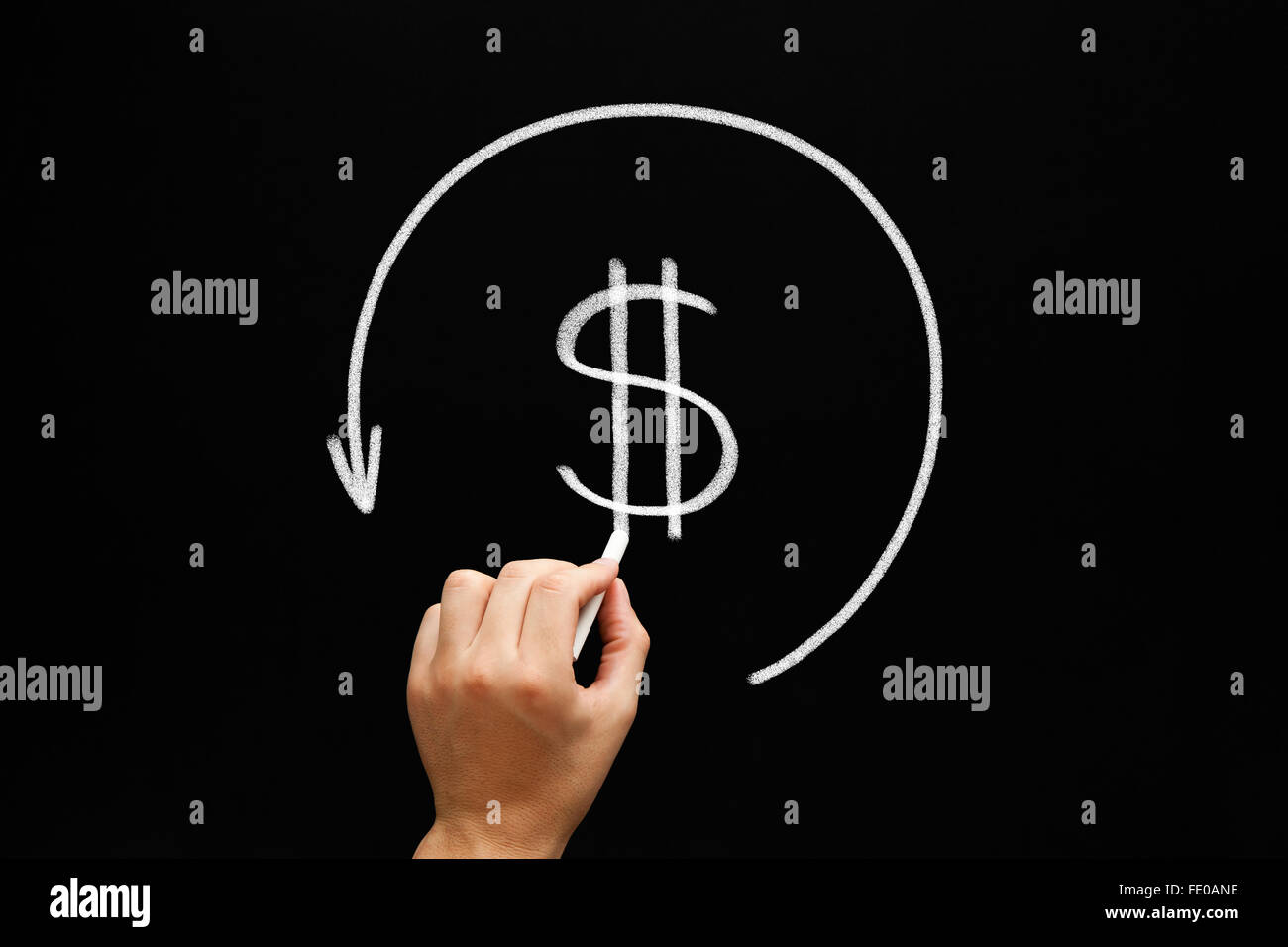 Hand drawing Refund concept - dollar sign in arrow circle with chalk on ...