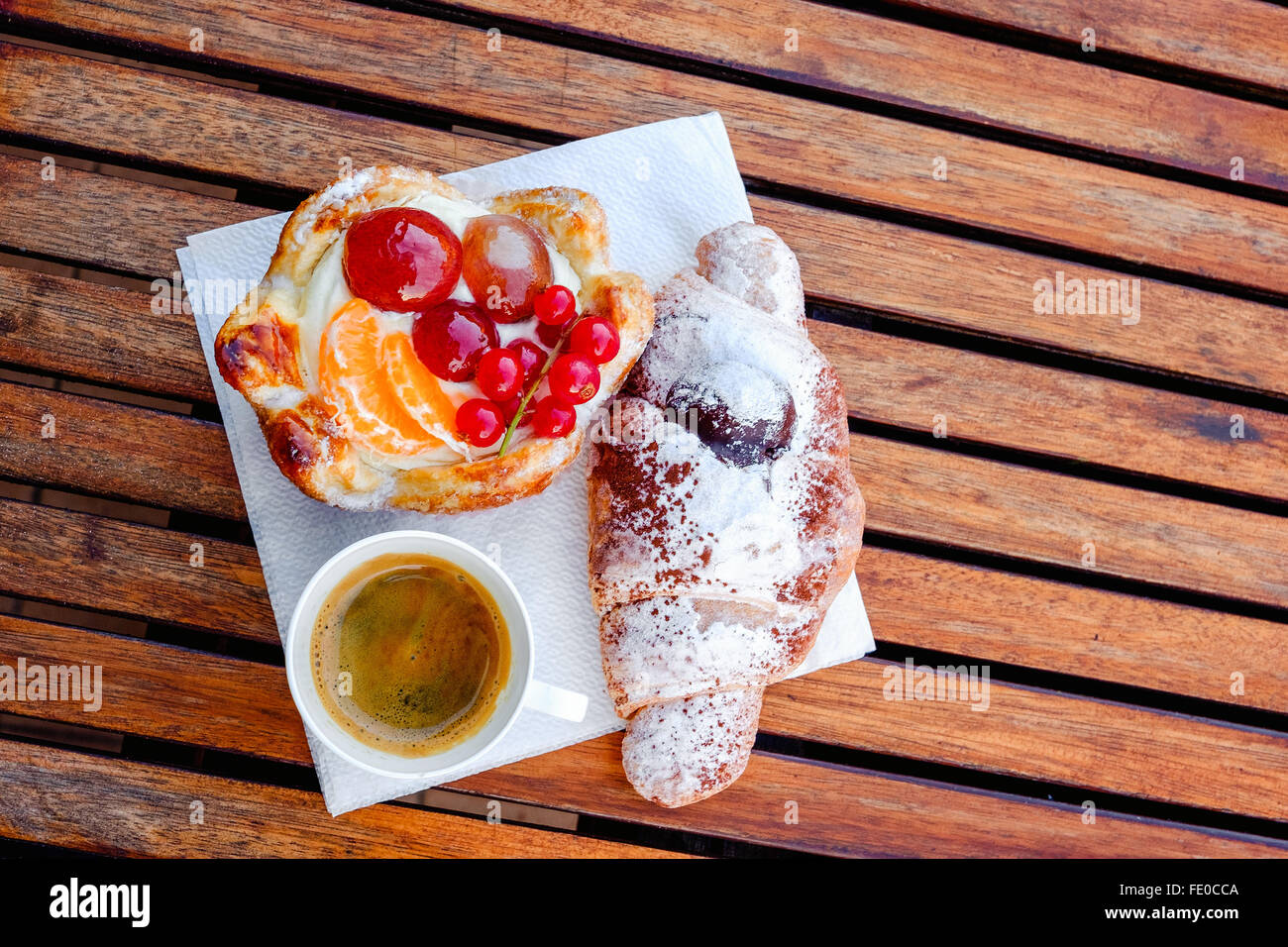 coffee, croissant and pastry for a typical European breakfast Stock ...