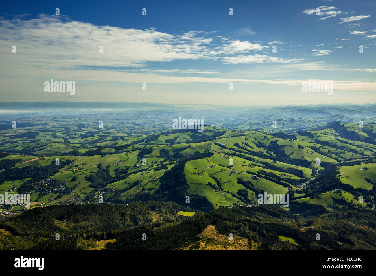 Aerial view, foothills with green meadows, Garsten, Upper Austria ...