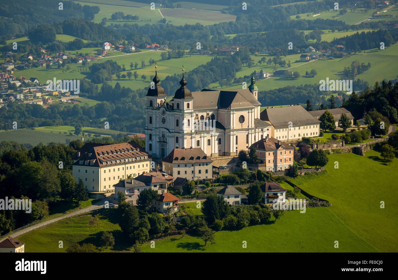 Aerial view, Basilica Sonntagberg, foothills with green meadows ...