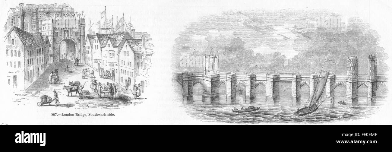 LONDON: London Bridge, Southwark side; , antique print 1845 Stock Photo ...