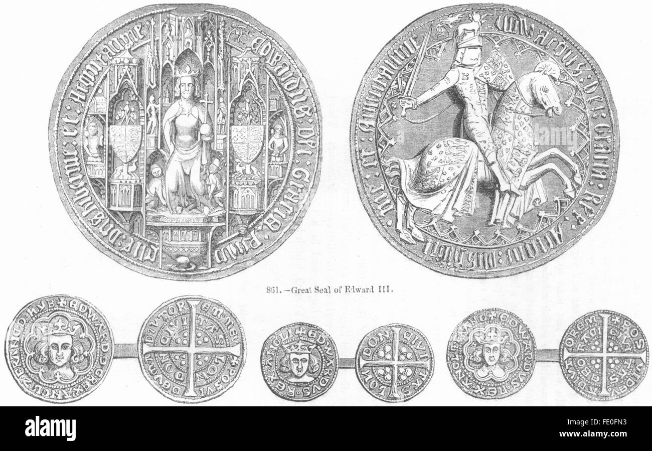 DECORATIVE: Seal of Edward III; Groat; Penny; Half-, antique print 1845 ...