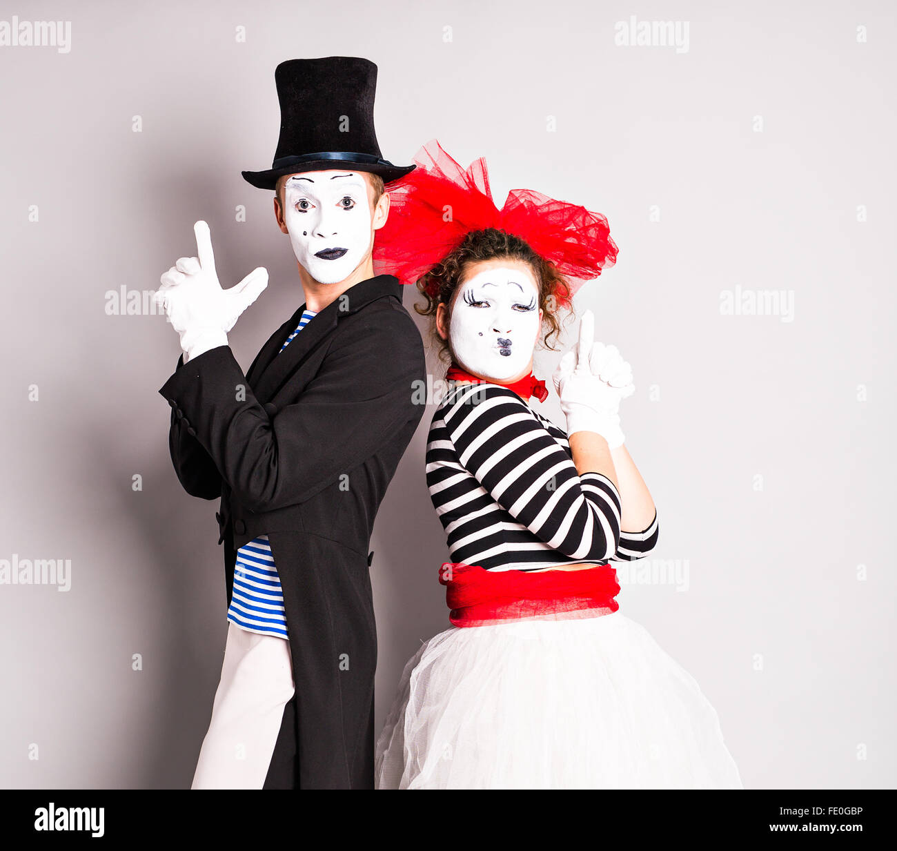 Street artists performing, Two mimes man and woman in april fools day ...