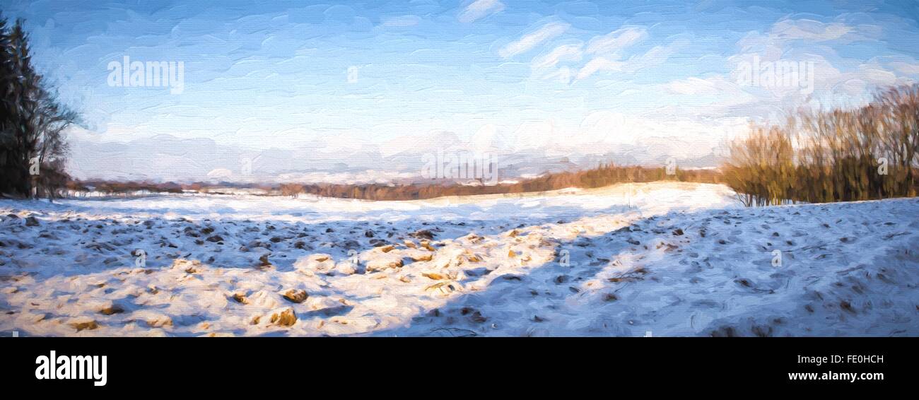 Painted panorama winter landscape. Digital structure of painting Stock ...