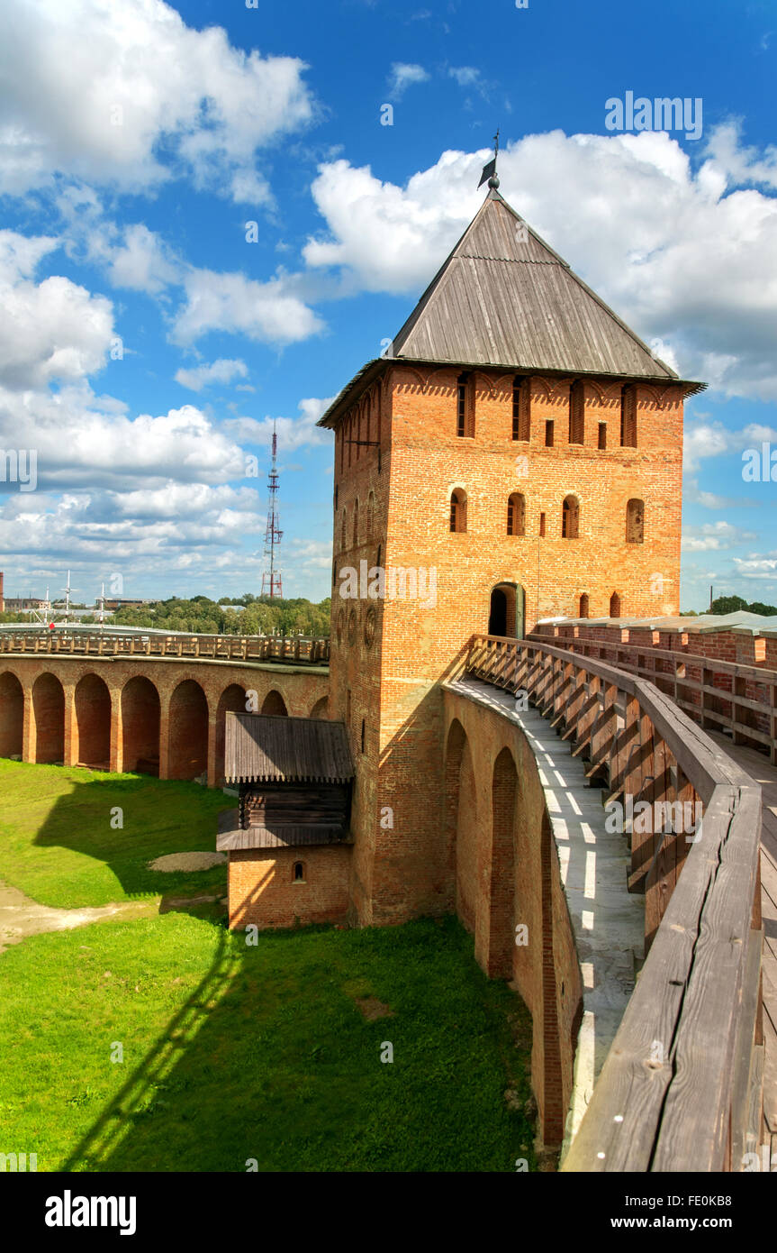 Russia Novgorod Kremlin brick wall with guard towers Stock Photo - Alamy